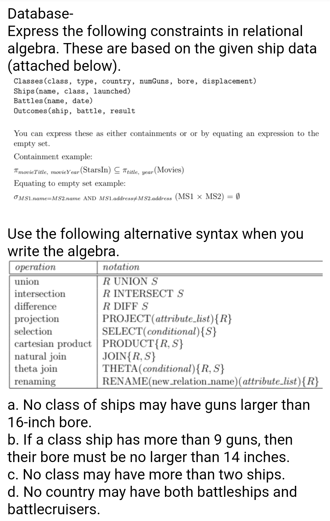 Solved Database- Express the following constraints in | Chegg.com
