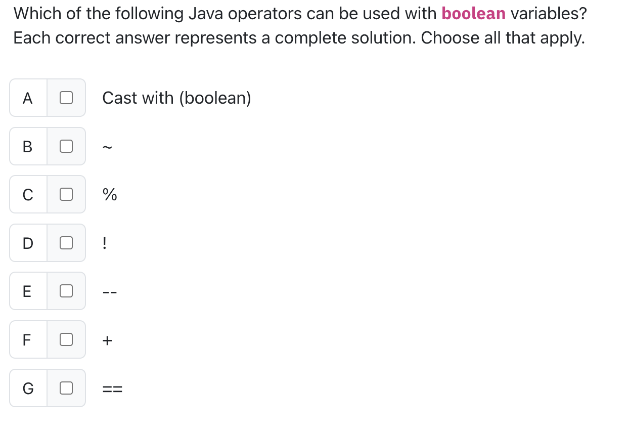 Solved Which of the following Java operators can be used | Chegg.com