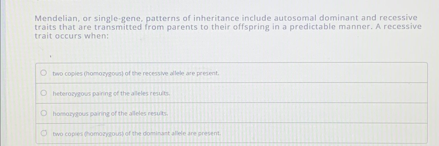Solved Mendelian, or single-gene, patterns of inheritance | Chegg.com