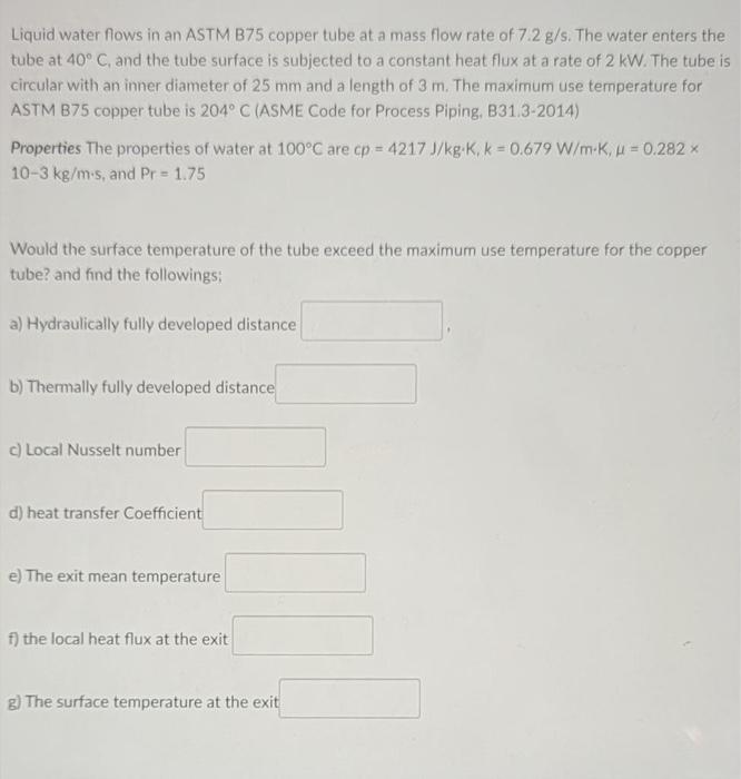 Solved Liquid water flows in an ASTM B75 copper tube at a | Chegg.com