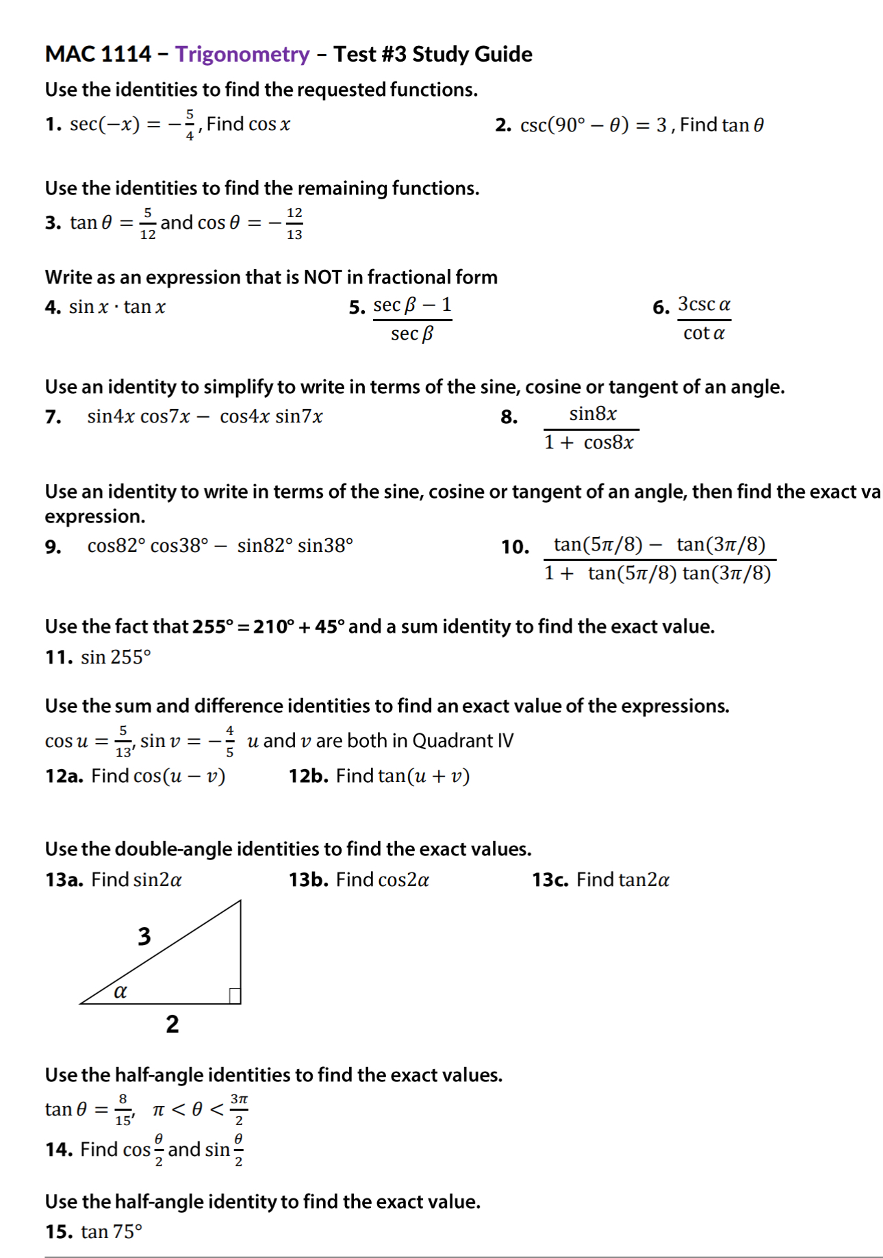 Solved MAC 1114 - ﻿Trigonometry - ﻿Test #3 ﻿Study GuideUse | Chegg.com