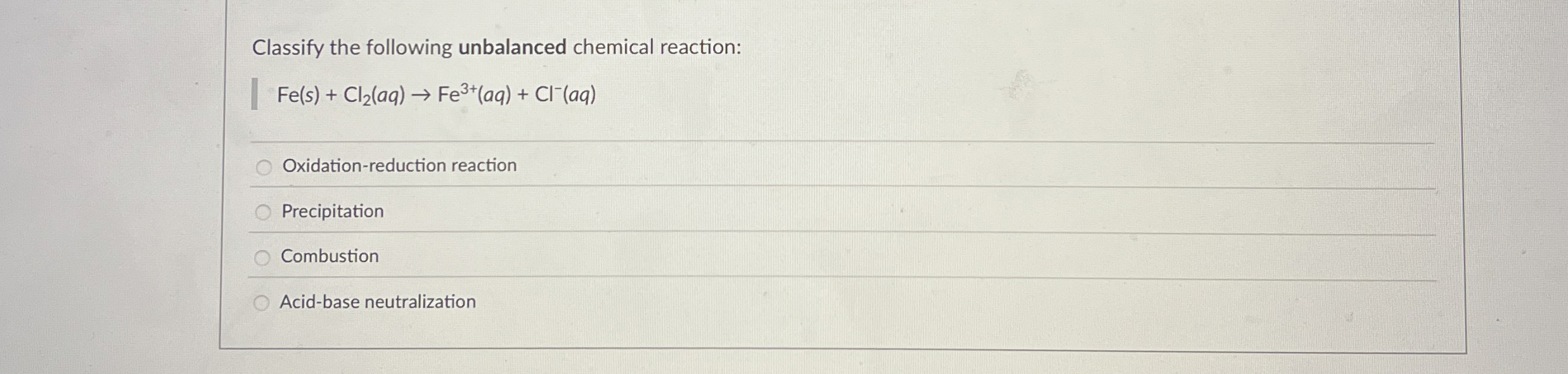 Solved Classify the following unbalanced chemical | Chegg.com