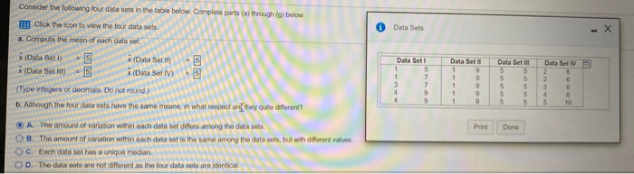 Solved Consider the following four data sets in the table | Chegg.com