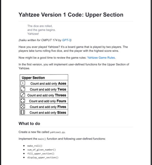 Solved The dice are rolled, and the game begins. Yahtzee! | Chegg.com