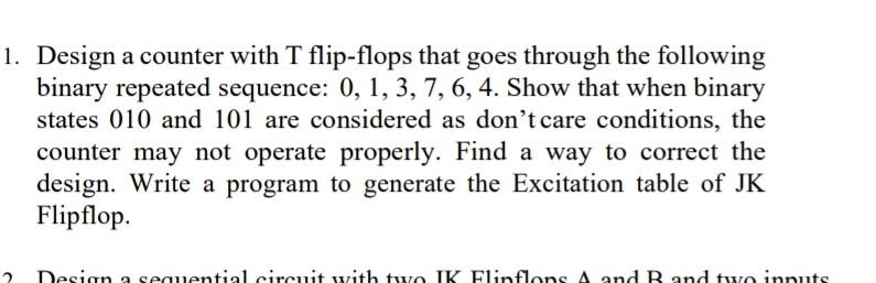 Design a counter with T flip-flops that goes through | Chegg.com