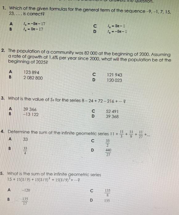 Solved question. 1. Which of the given formulas for the | Chegg.com