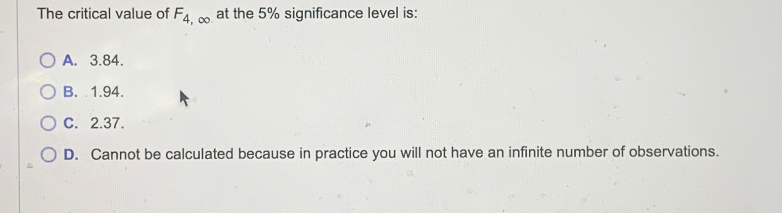 Solved The critical value of F4,∞ ﻿at the 5% ﻿significance | Chegg.com