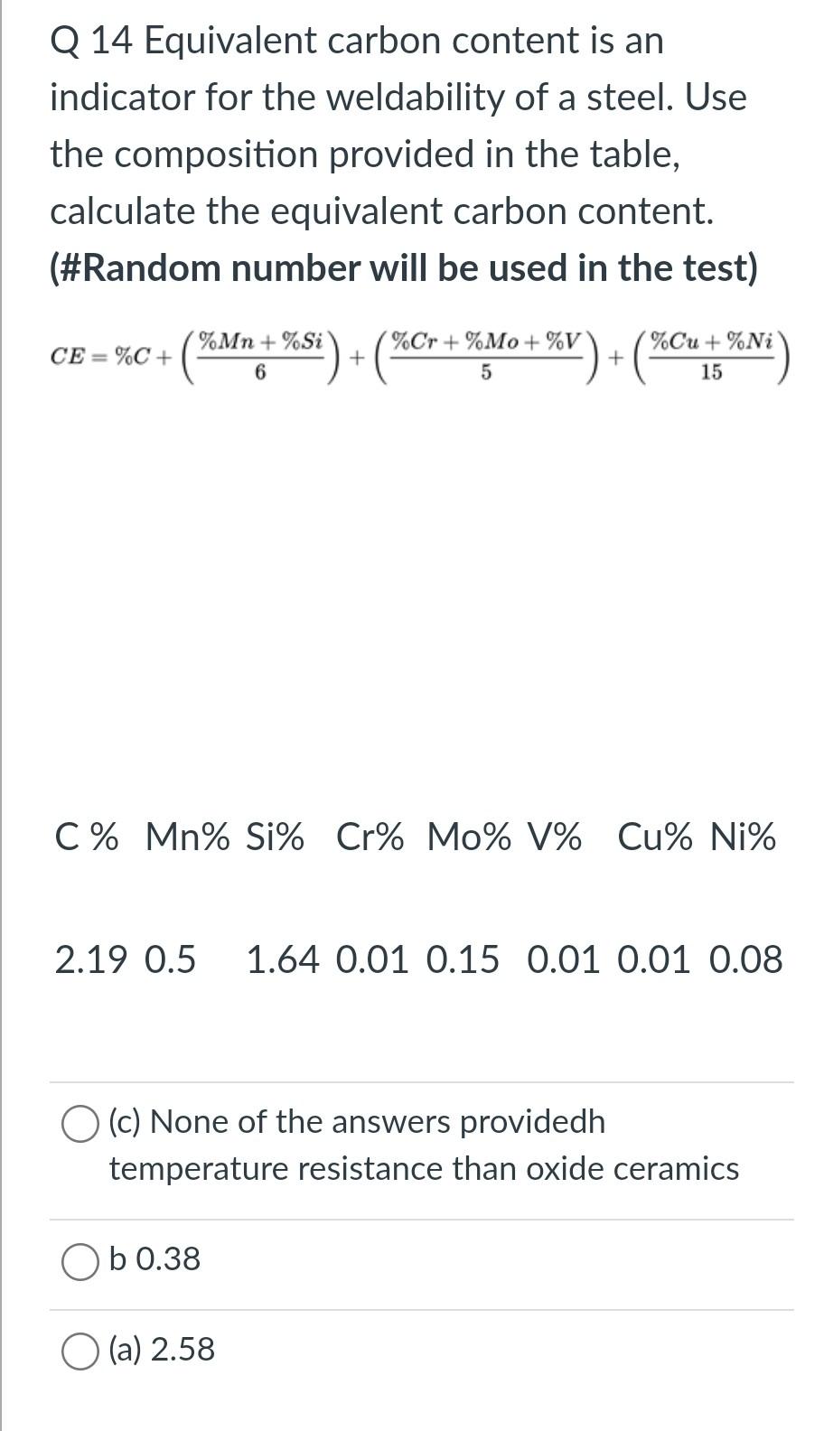 Solved Q 14 Equivalent carbon content is an indicator for | Chegg.com