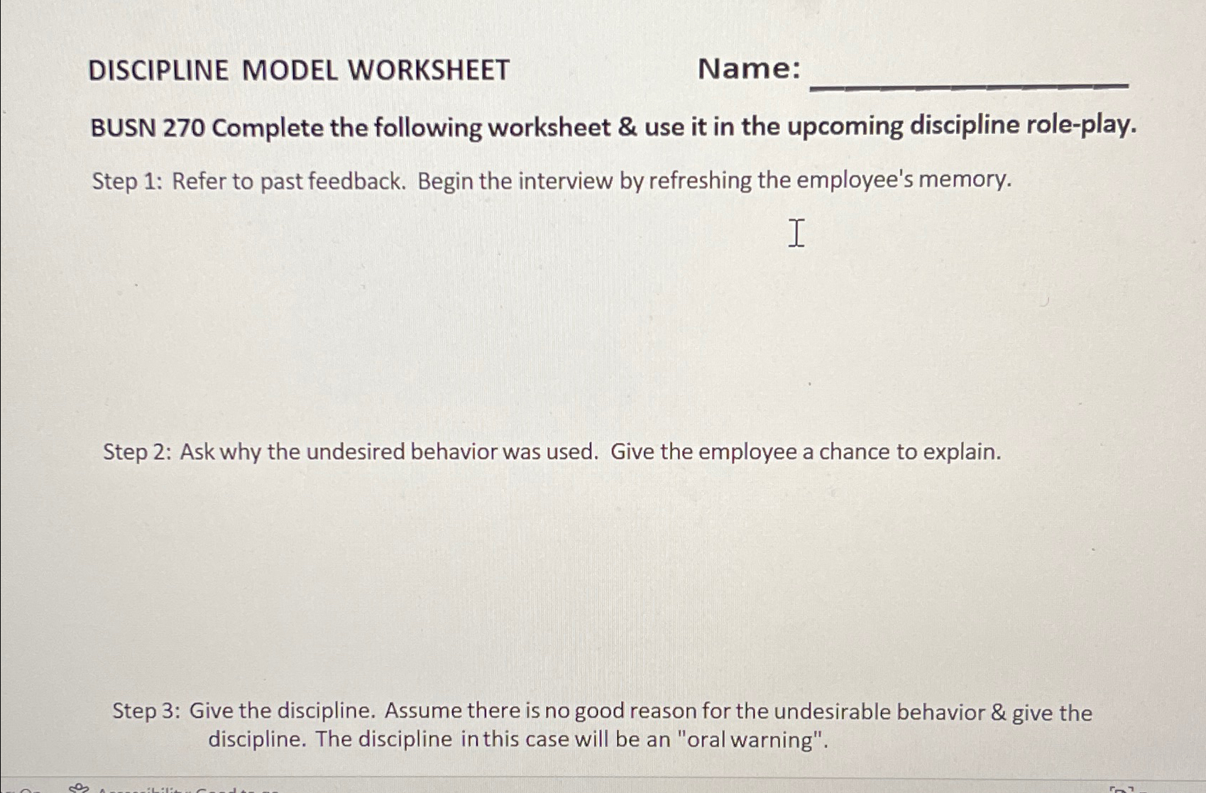 Solved DISCIPLINE MODEL WORKSHEETName:BUSN 270 ﻿Complete the | Chegg.com