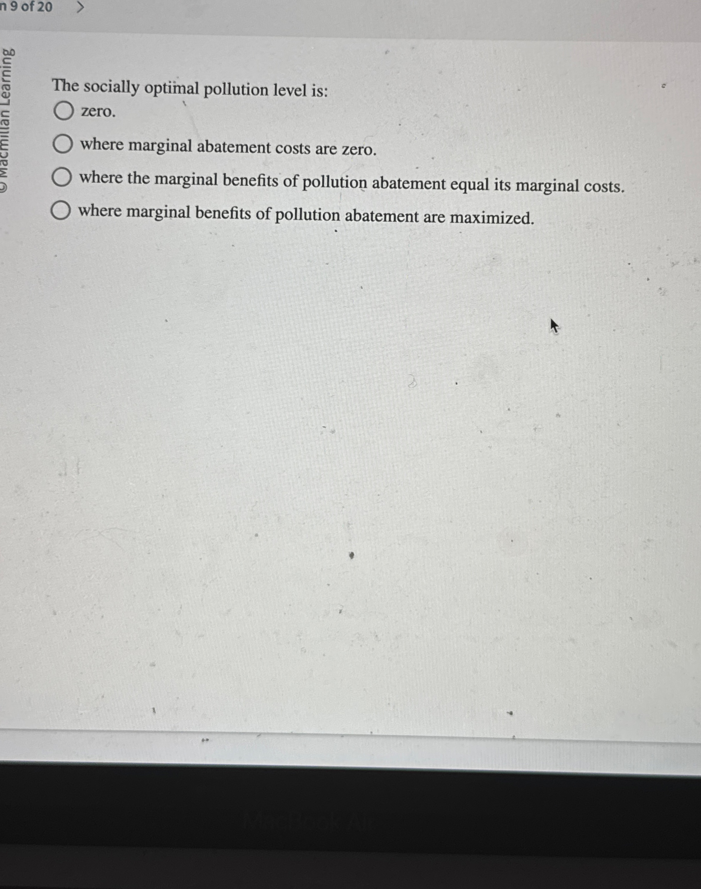 Solved n 9 ﻿of 20The socially optimal pollution level | Chegg.com