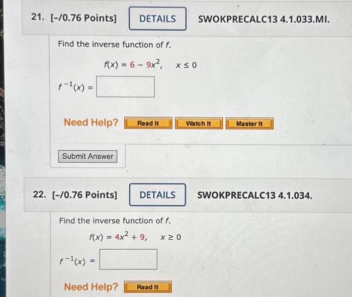 Solved Find the inverse function of f. f(x)=6−9x2,x≤0f−1(x)= | Chegg.com