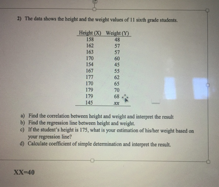 Solved 2) The data shows the height and the weight values of | Chegg.com