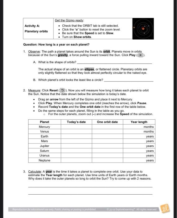 Solved Activity A: Planetary orbits Get the Gizmo ready . | Chegg.com