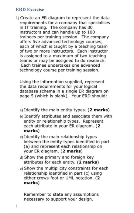 Solved ERD Exercise 1) Create an ER diagram to represent the | Chegg.com