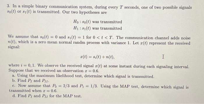 Solved 3 In A Simple Binary Communication System During 