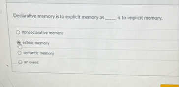 Solved Declarative memory is to explicit memory as ﻿is to | Chegg.com