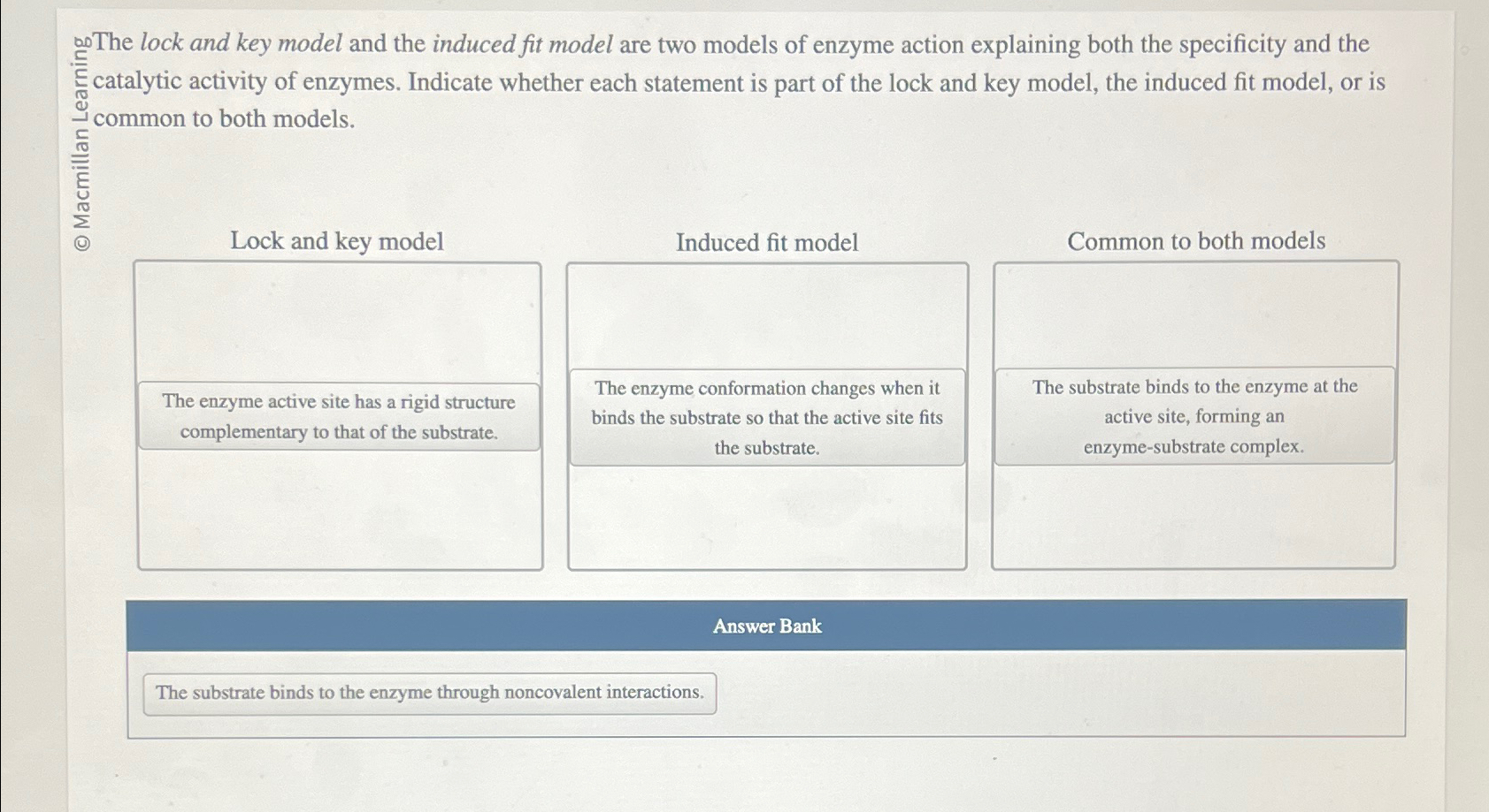 Solved Induced fit model\table[[\table[[The enzyme | Chegg.com