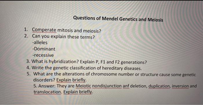 Solved Questions of Mendel Genetics and Meiosis 1. Comperate | Chegg.com