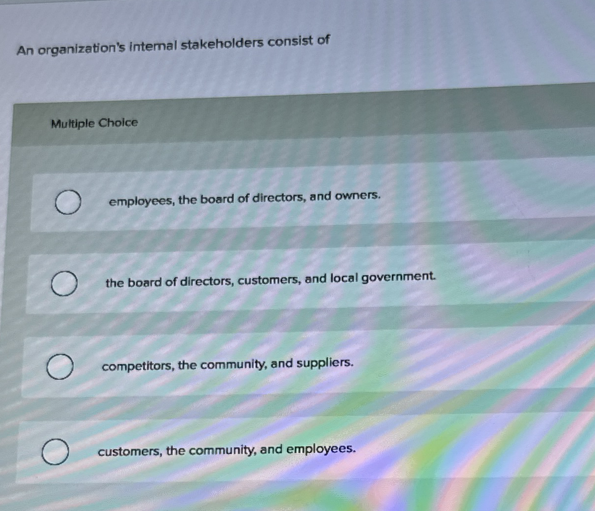Solved An organization's intemal stakeholders consist | Chegg.com