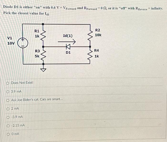 Solved Diode D1 is either "on" with 0.6 V = VForward and | Chegg.com