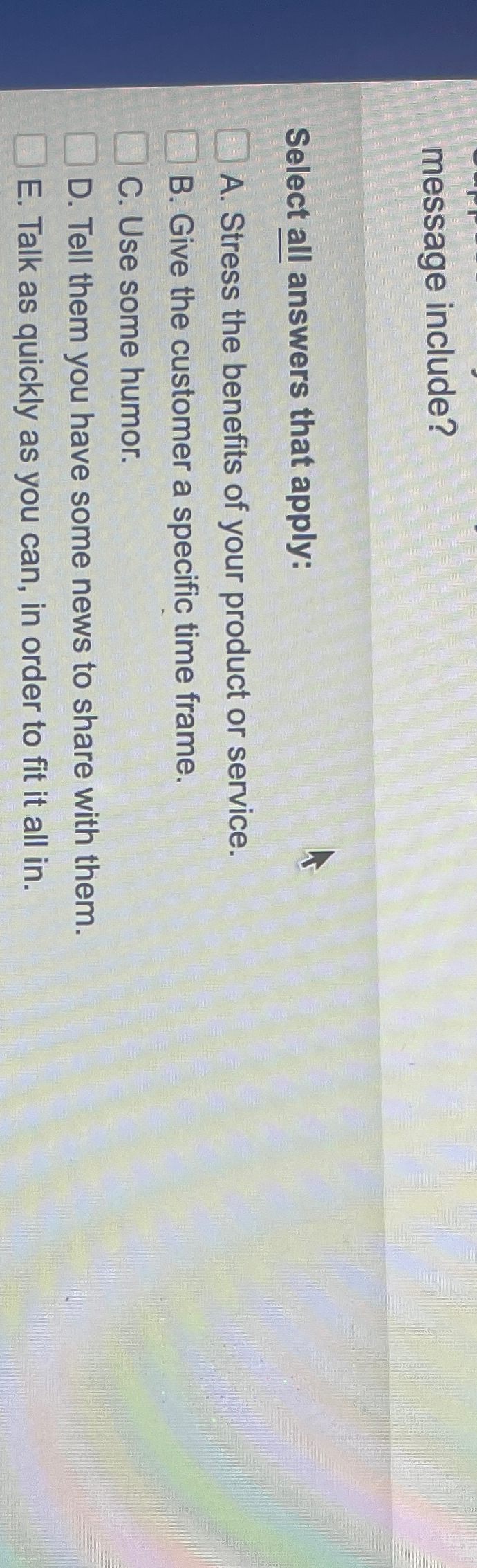 Solved message include?Select all answers that apply:A. | Chegg.com
