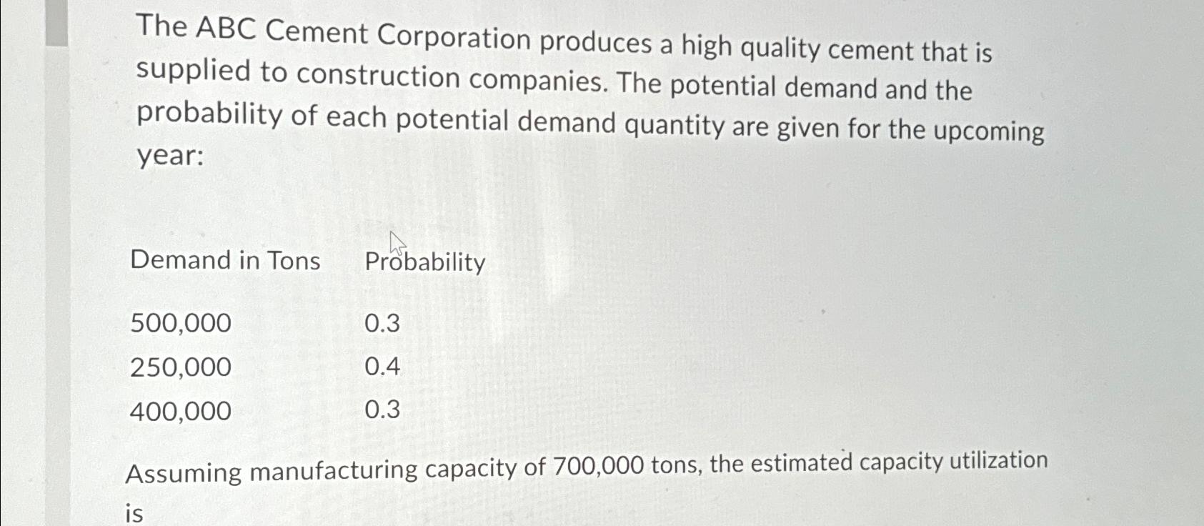 Solved The ABC Cement Corporation produces a high quality | Chegg.com
