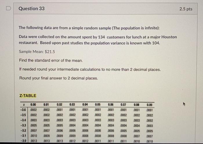 Solved D Question 33 2.5 pts The following data are from a | Chegg.com