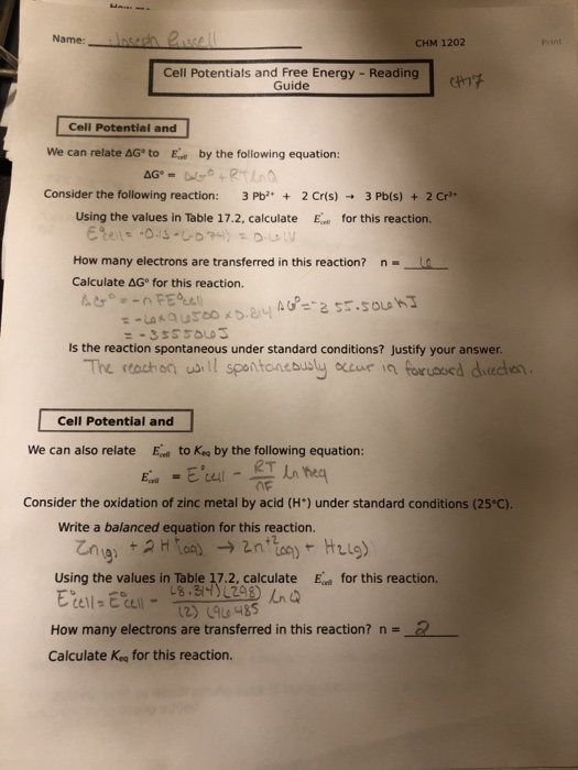 Solved Name: Joseph Russel CHM 1202 Cell Potentials and Free | Chegg.com