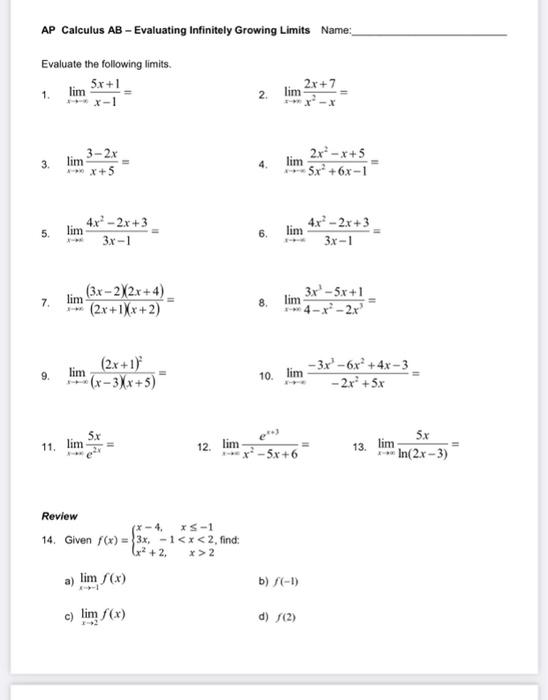 Solved AP Calculus AB - Evaluating Infinitely Growing Limits | Chegg.com
