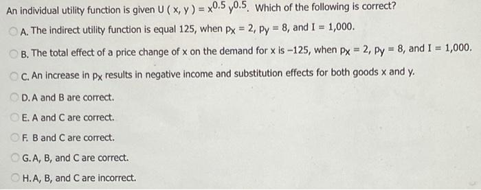 Solved An individual utility function is given U (x, y) = | Chegg.com