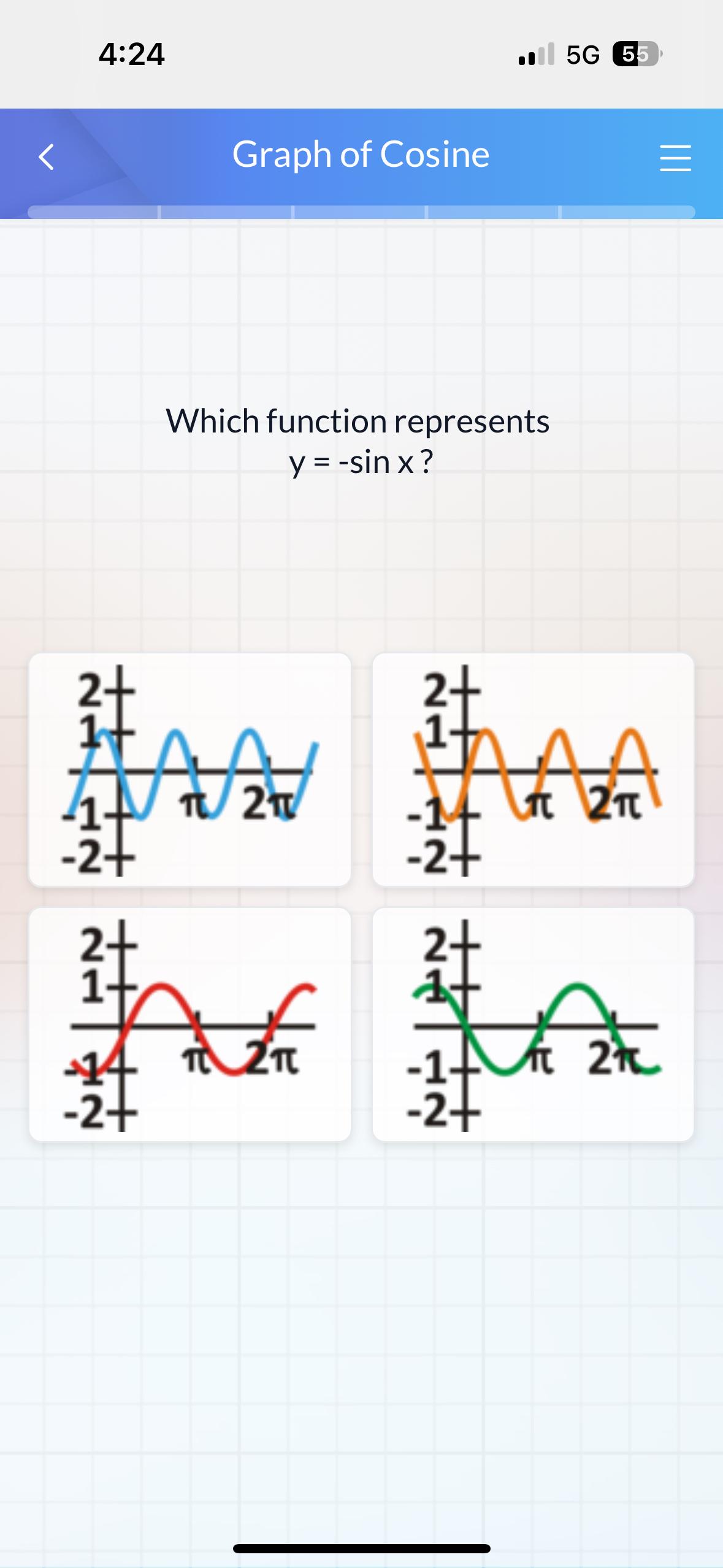 Solved 4:24Graph of CosineWhich function representsy=-sinx? | Chegg.com