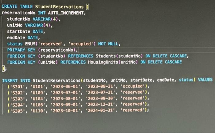 Solved CREATE TABLE StudentReservations \ reservationNO INT | Chegg.com