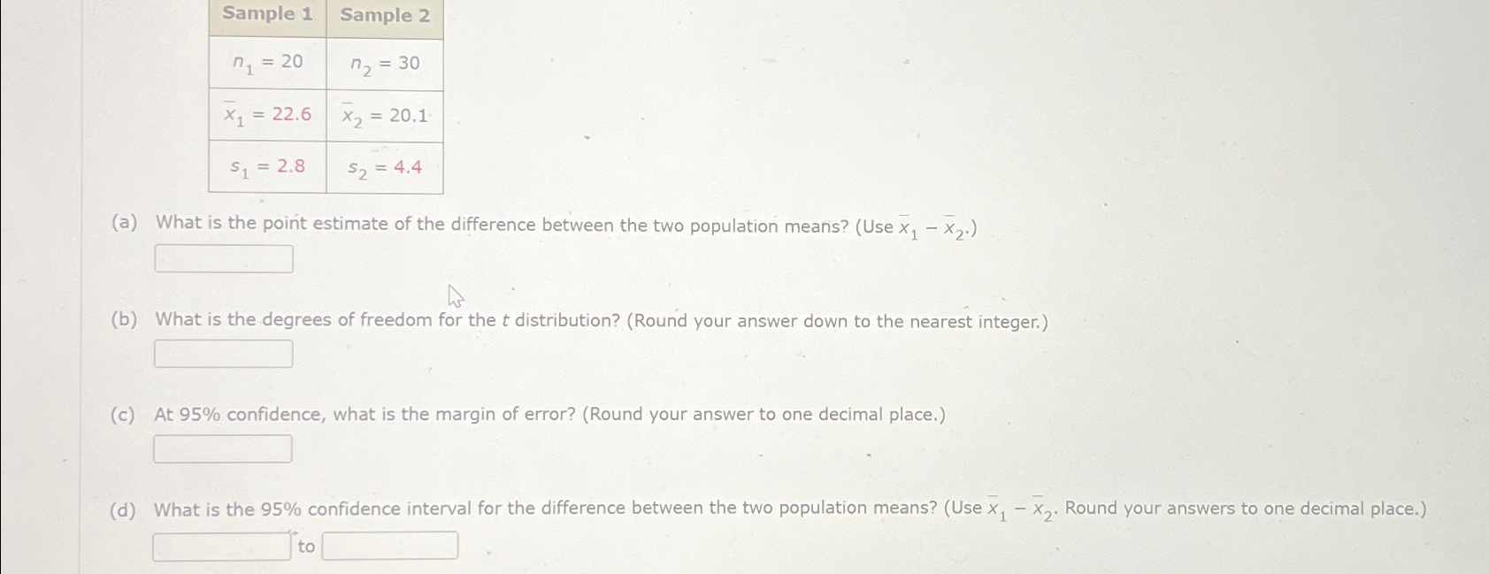 Solved \table[[Sample 1,Sample 2],[n1=20,n2=30 | Chegg.com