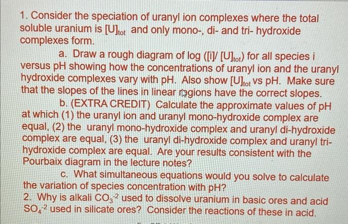 Solved 1. Consider the speciation of uranyl ion complexes | Chegg.com