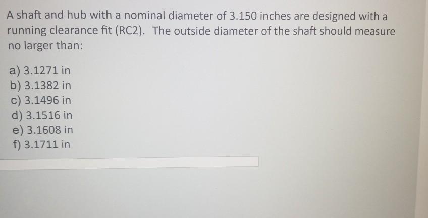 Solved RUNNING CLEARANCE (RC) FITS: Class RC4 Standard | Chegg.com