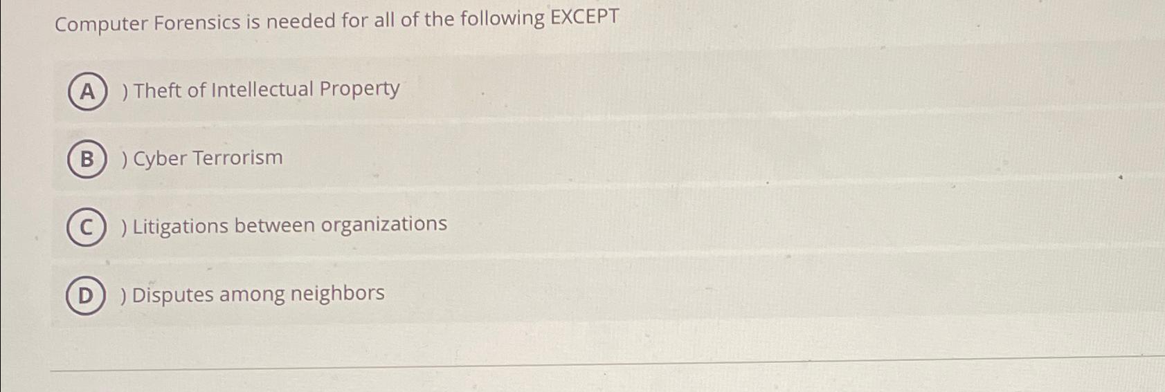 Solved Computer Forensics is needed for all of the following | Chegg.com