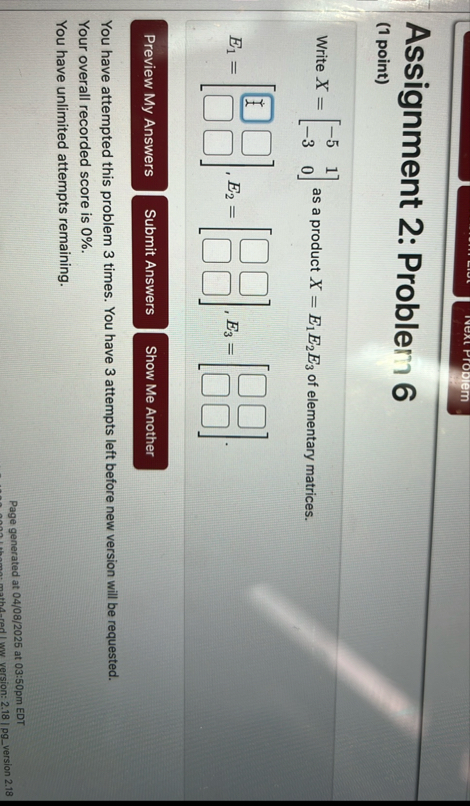 Assignment 2: Problem 6(1 ﻿point)Write x=[-51-30] ﻿as | Chegg.com