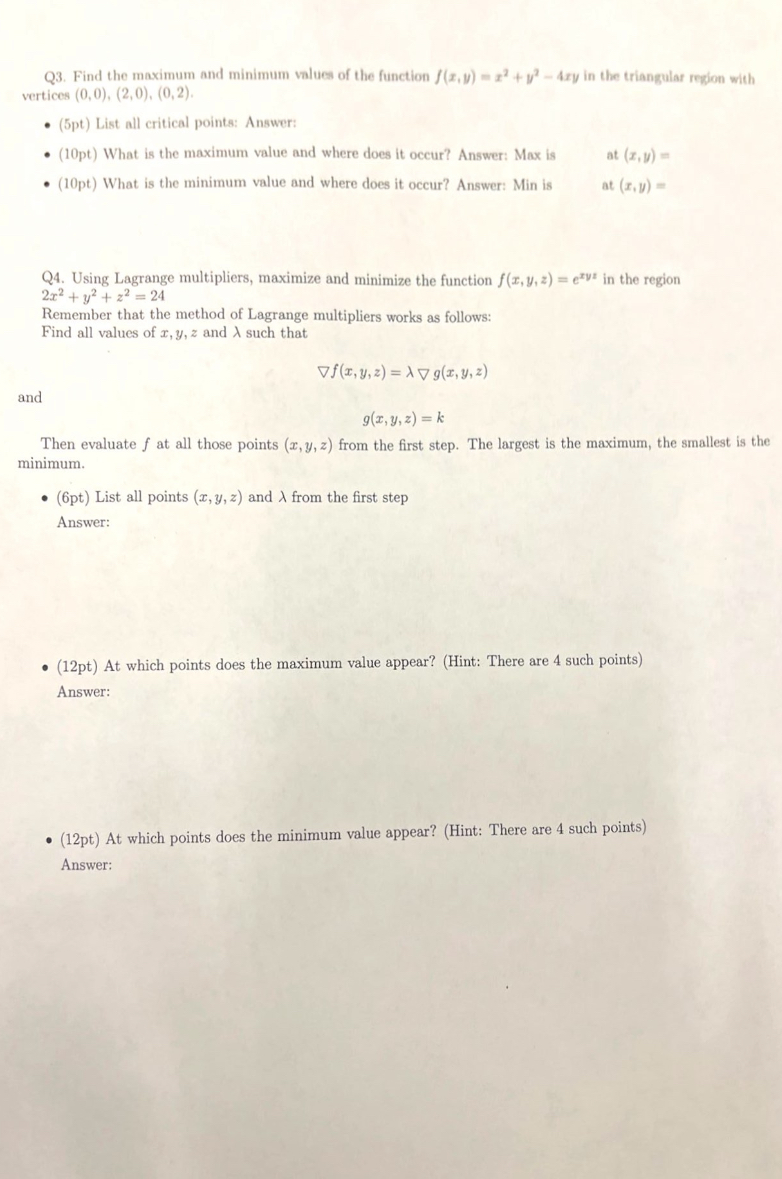 Solved Q3. ﻿Find the maximum and minimum values of the | Chegg.com