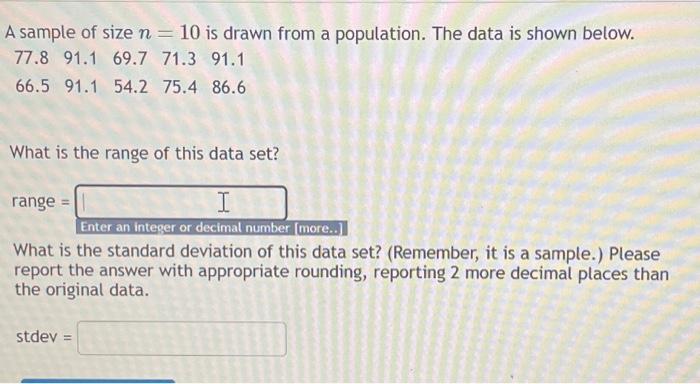 Solved A sample of size n=10 is drawn from a population. The | Chegg.com
