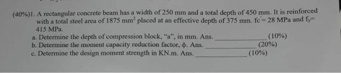 Solved (40\%)1. A rectangular concrete beam has a width of | Chegg.com