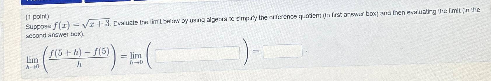 Solved (1 ﻿point)Suppose f(x)=x+32. ﻿Evaluate the limit | Chegg.com