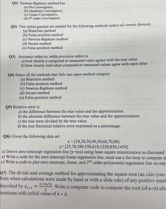 Solved Q1) Newton-Raphson method has (a) No Convergence, (b) | Chegg.com
