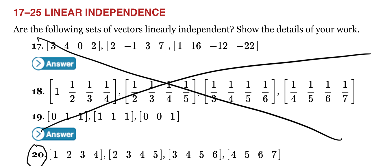 Solved 17-25 ﻿LINEAR INDEPENDENCEAre the following sets of | Chegg.com