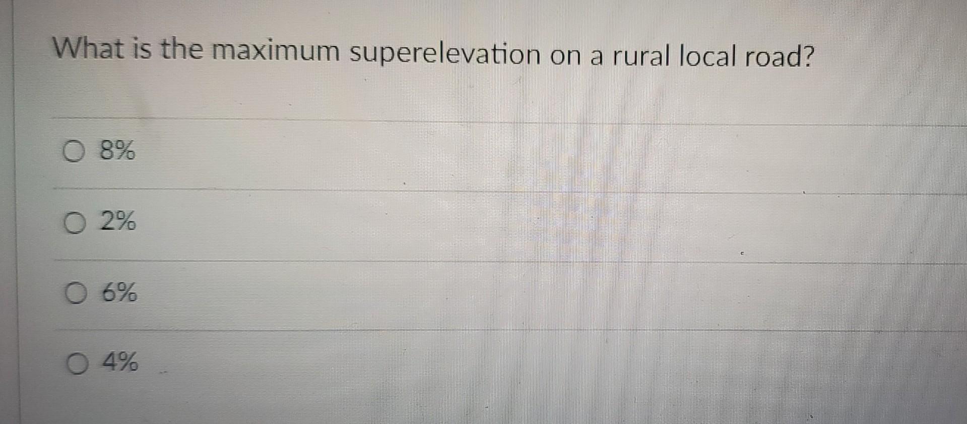 Solved What is the maximum superelevation on a rural local | Chegg.com