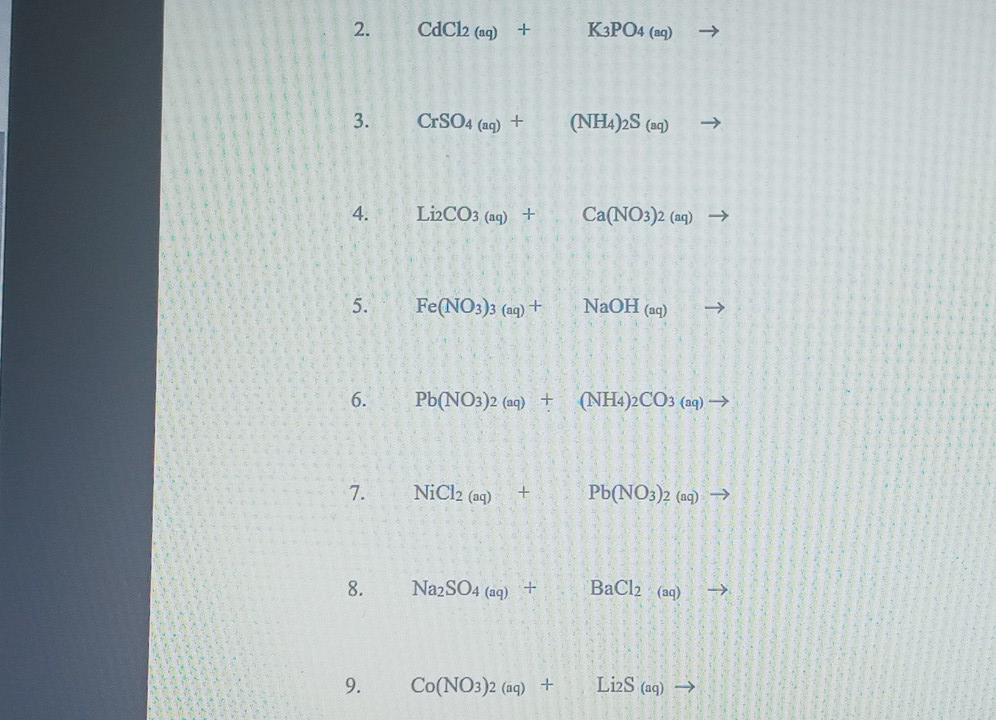 Solved 2. CdCl2 (aq) + K3PO4 (aq) → 3. CrSO4 (aq) + (NH4)2S | Chegg.com