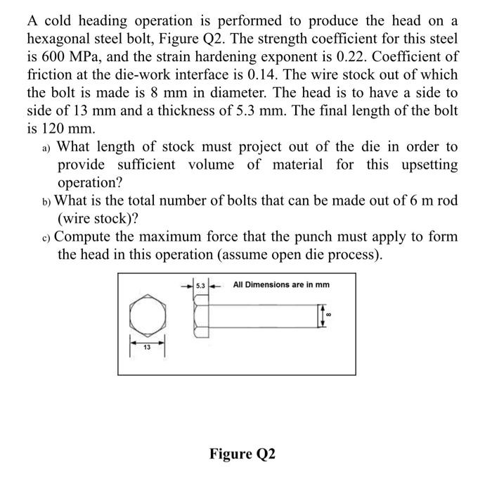 Solved A cold heading operation is performed to produce the | Chegg.com