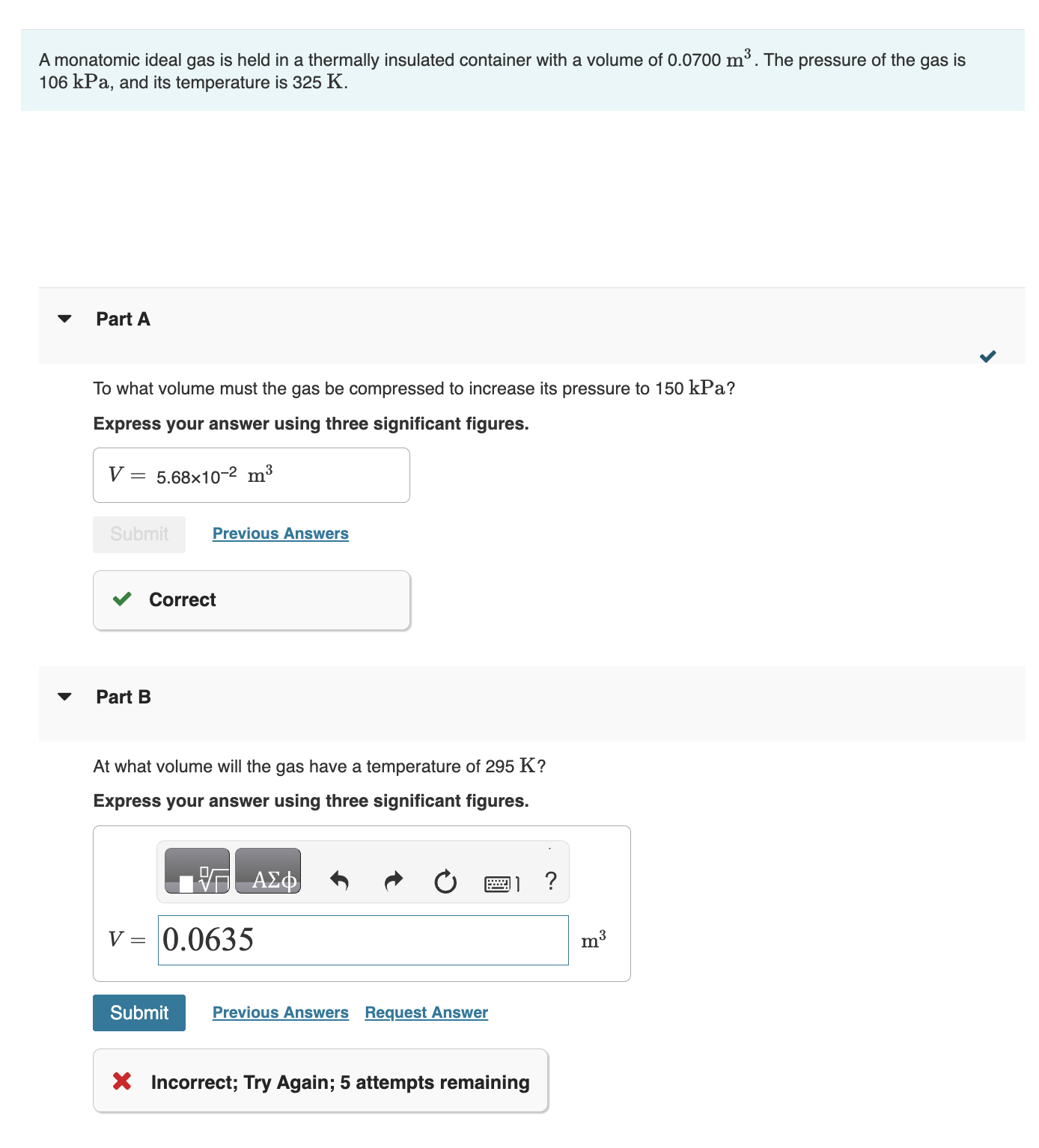 Solved Part BAt what volume will the gas have a temperature | Chegg.com