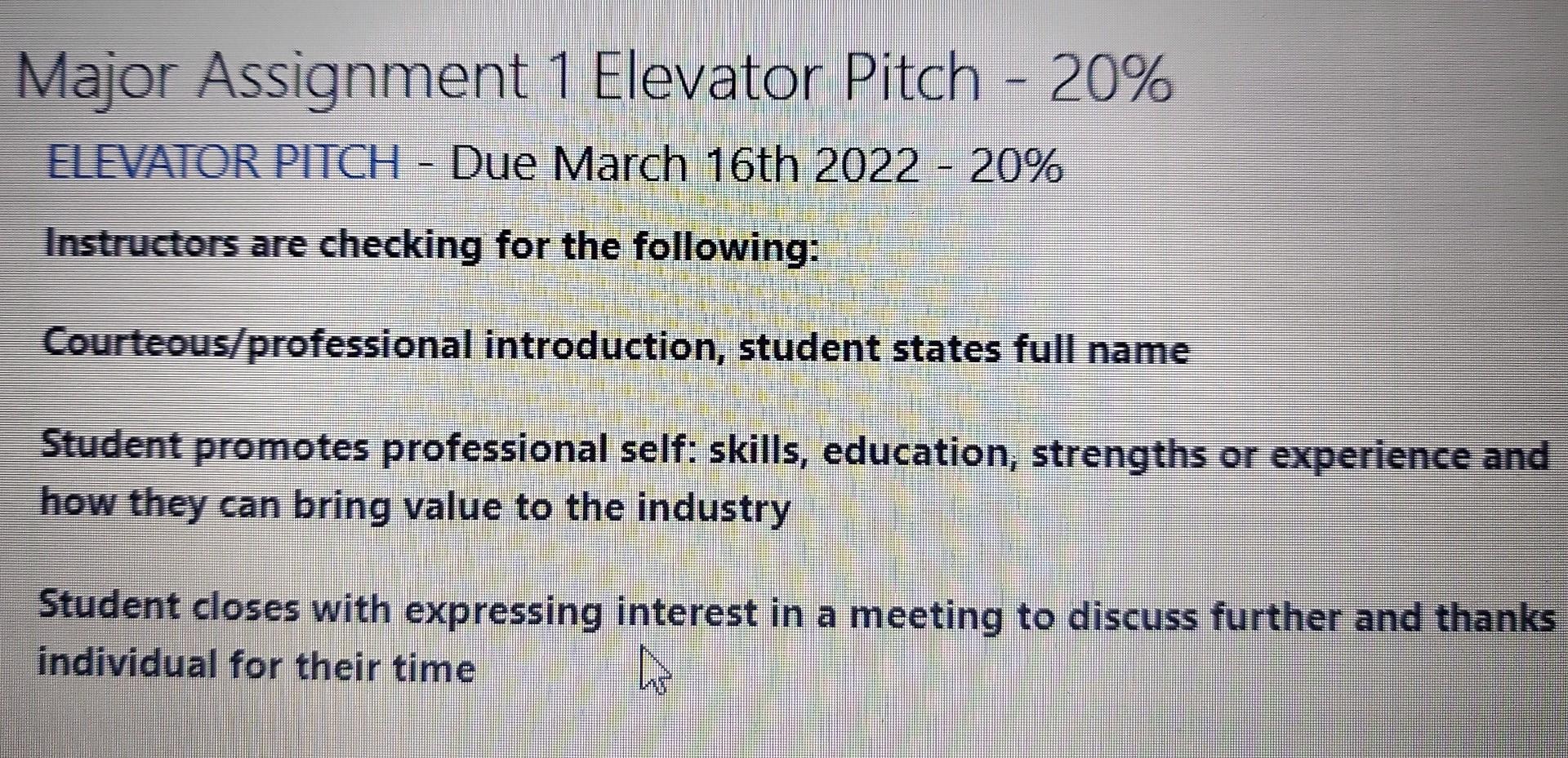 Solved Major Assignment 1 Elevator Pitch - 20% ELEVATOR | Chegg.com