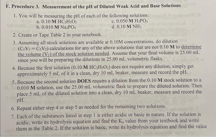 Solved F. Procedure 3. Measurement of the pH of Diluted Weak | Chegg.com