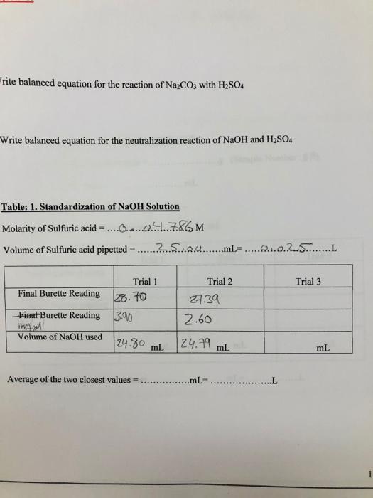 Solved Calculations i) The number of moles of H2SO4 in each | Chegg.com